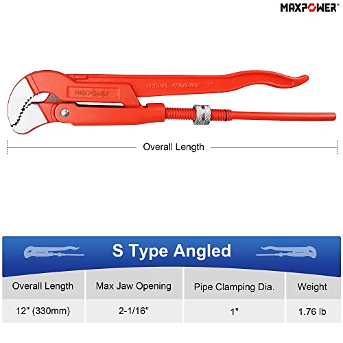 MAXPOWER 12 inch Swedish Pipe Wrench, S-shape Jaw